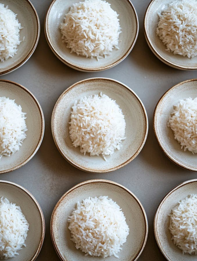 Multiple Plates of White Rice Arranged in a Grid Pattern. Stock Image ...