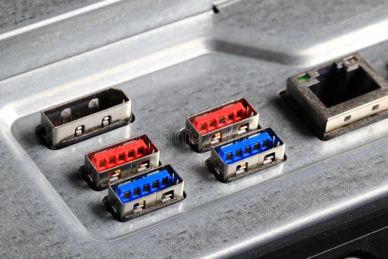Multiple Ports on Computer Show with USB, LAN, Display Port Stock Photo ...