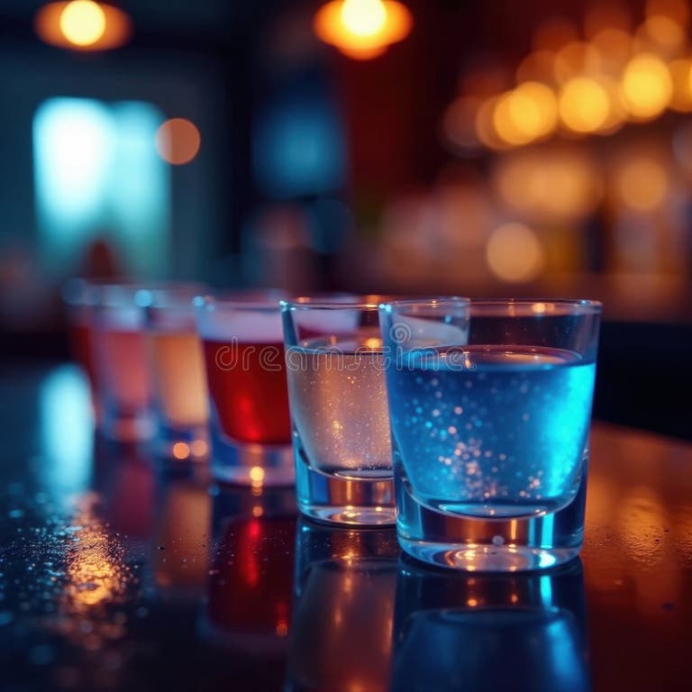 Multiple Premium Vodka Shots Lined on Bar Counter, Premium, Bartop ...