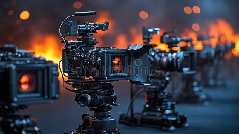 Multiple Professional Cameras on Tripods Against a Fiery Background ...