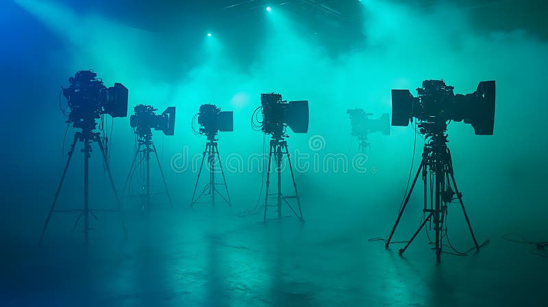 Multiple Professional Video Cameras on Tripods in a Smoky Studio with ...