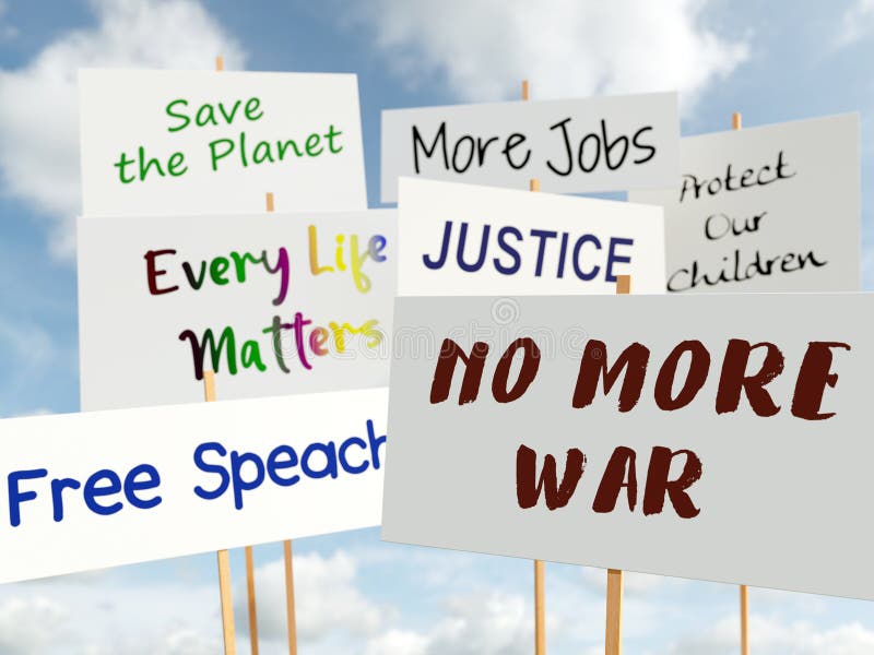 Multiple Protest Signs Held Up Against a Blue Sky Stock Image - Image ...