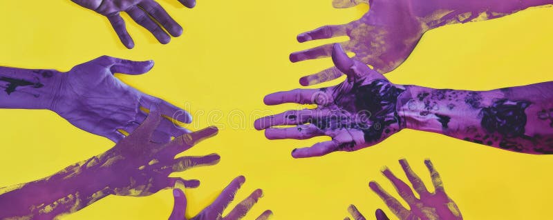 Multiple Purple Hands Reaching Out on Yellow Background Symbolizing ...