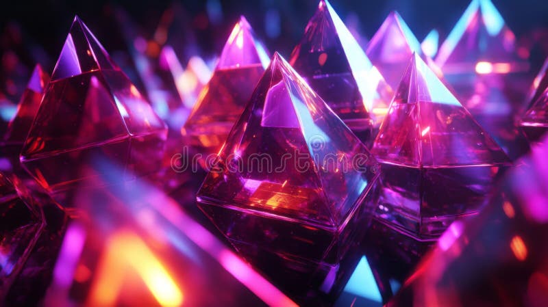 Multiple Purple Pyramid Shaped Crystals Close Up with Red and Blue ...