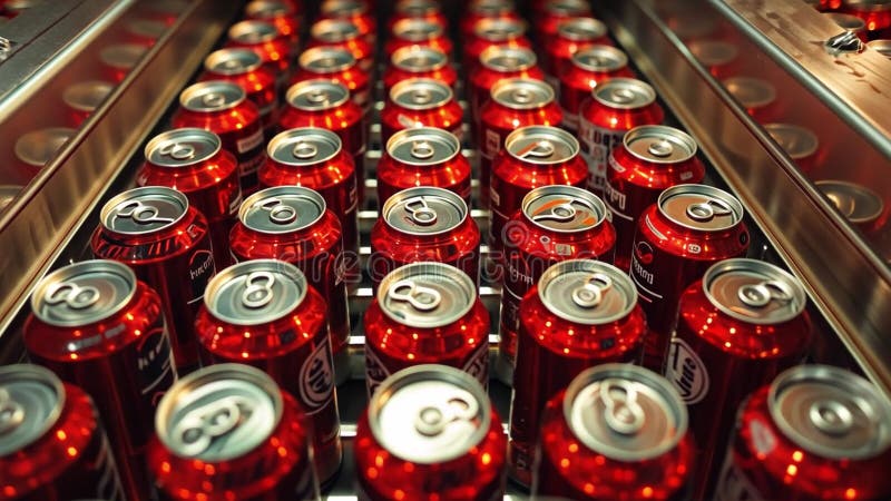 Multiple Red Cans are Being Processed on a Conveyor Belt in a Beverage ...
