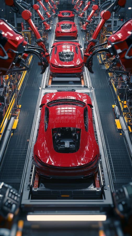Factory Production Line Assembling Red Cars with Robotic Precision ...