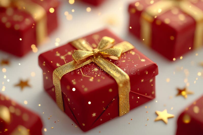 Multiple Red Gift Boxes Wrapped in Golden Ribbons Sit on a Pristine ...