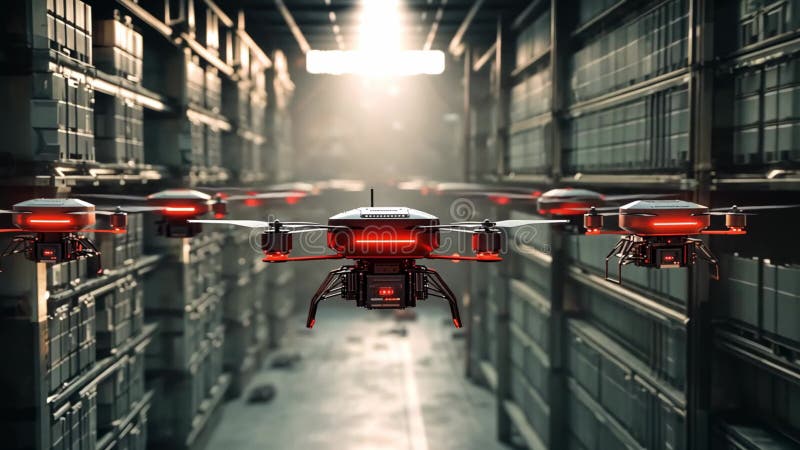 Multiple Red-light Drones Flying in a Dark Warehouse Aisle Stock Video ...