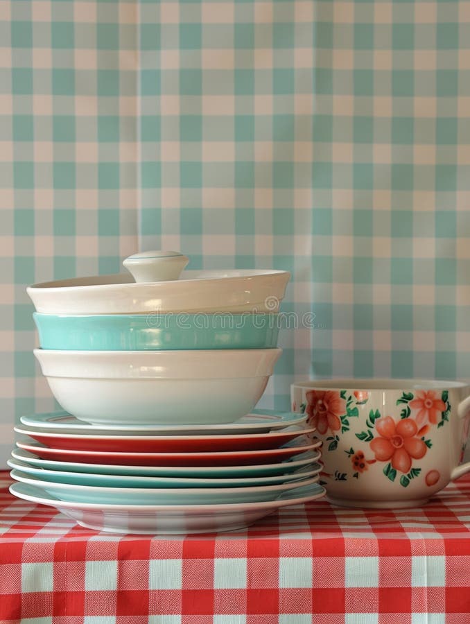 Multiple Retro Dishes are Stacked Neatly on Top of a Table in a Vintage ...