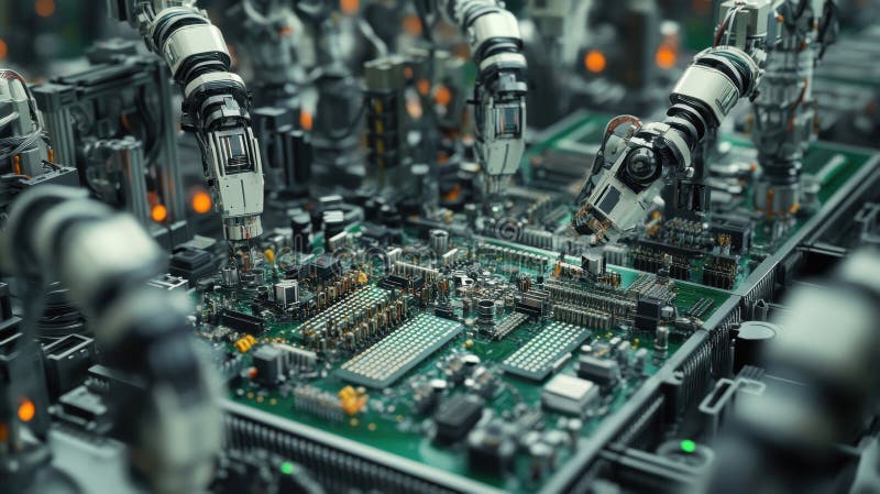 Robotic Arms Assembling Electronic Circuit Board in Automated Factory ...