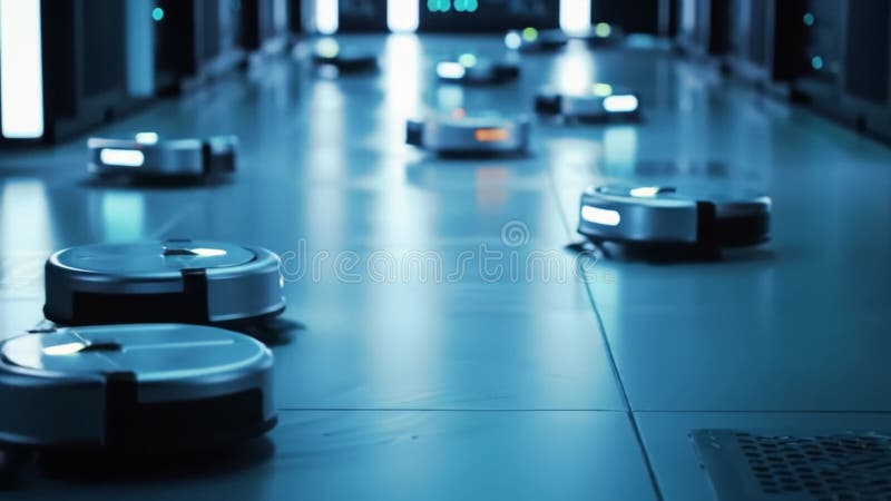 Robotic Machines Clean and Navigate a High-tech Facility at Night Stock ...