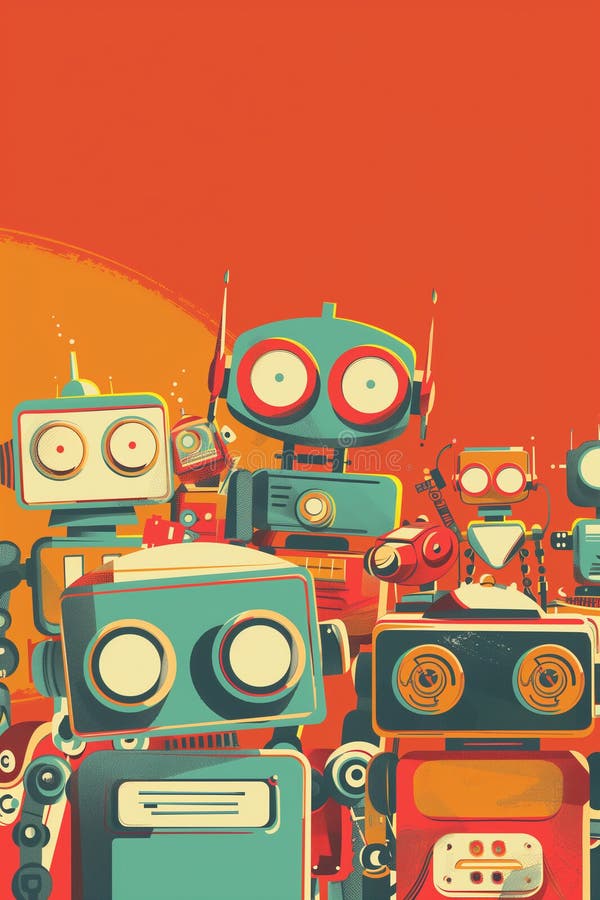 Multiple Robots in Various Designs and Colors, a Whimsical Illustration ...