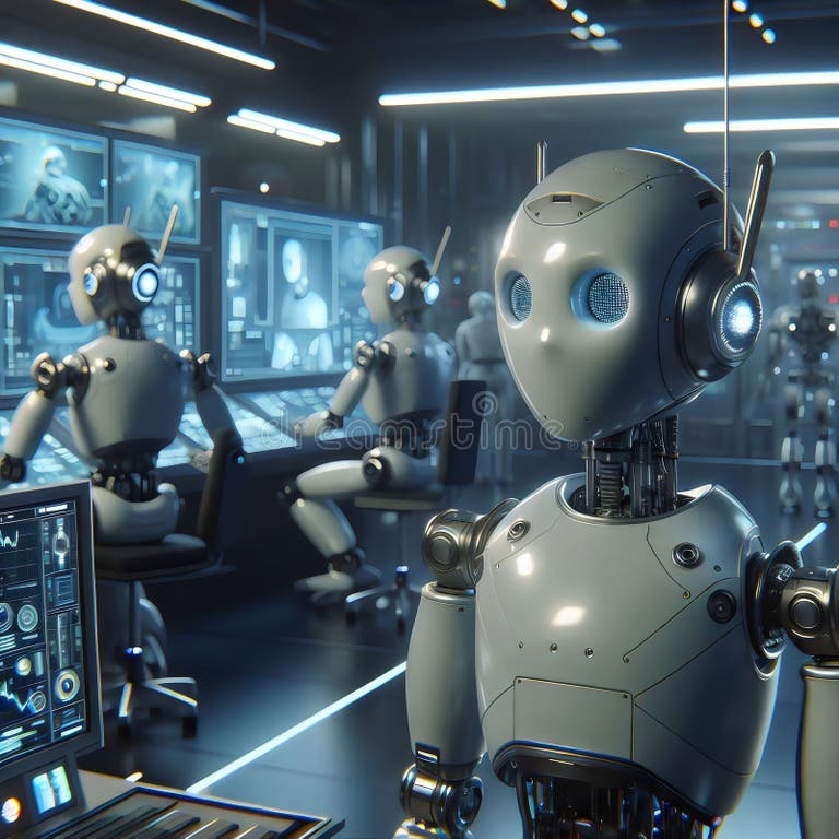 Multiple Robots Work at Various Stations in a Futuristic Laboratory or ...