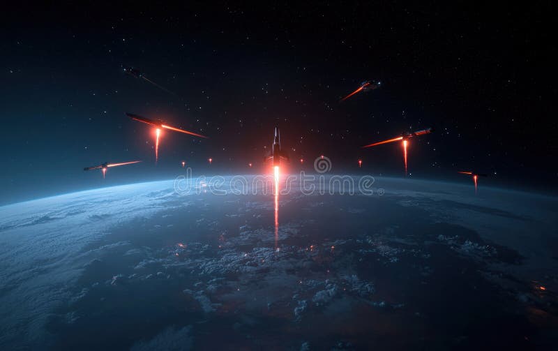 Multiple Rocket Launches at Night Over Earth Stock Illustration ...