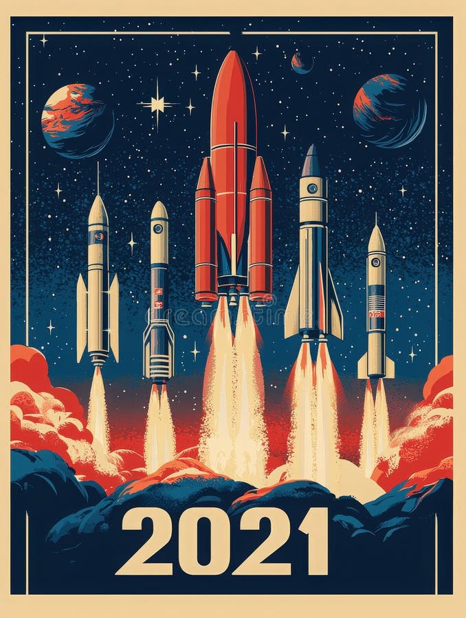 Rockets Launch into Space in a Vibrant Retro-style Art Piece Depicting the Year 2021 Stock ...
