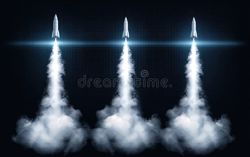 Multiple Rockets Launch Together Against a Dark Background, Creating a ...