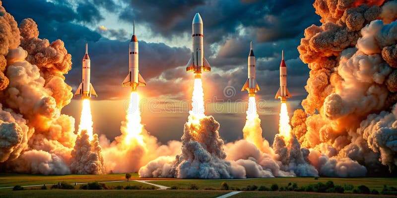 Multiple Rockets Launching in Fiery Display Generative AI Stock Photo ...