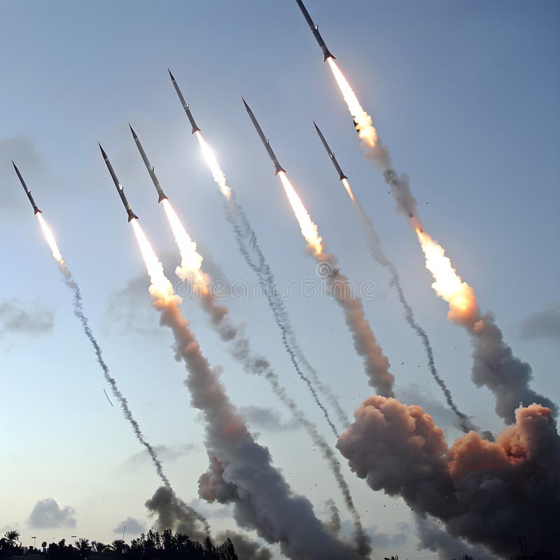 Multiple Rockets Launching Leaving Smoke Trails in the Sky Stock ...