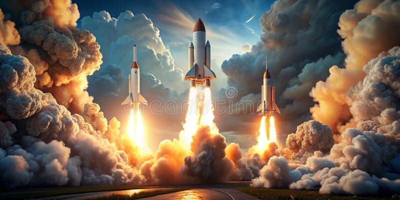 Multiple Rockets Launching Simultaneously Powerful Takeoff Smoke and ...