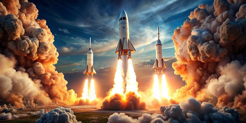 Multiple Rockets Launching Simultaneously Powerful Takeoff Smoke and ...
