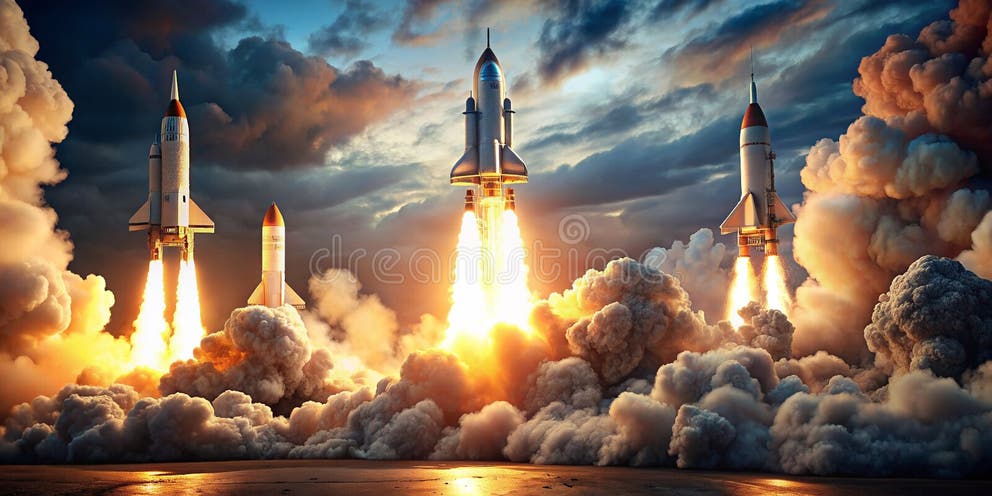 Multiple Rockets Launching Simultaneously Powerful Takeoff Smoke and ...