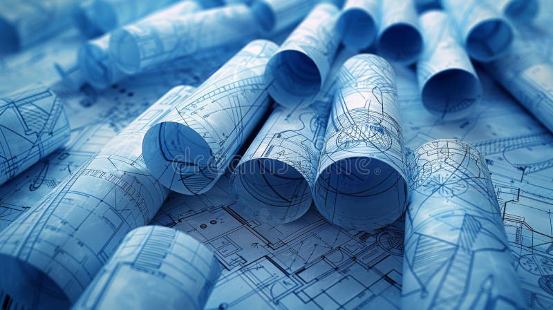 Rolled Architecture Blueprints on Desk Stock Image - Image of plans ...