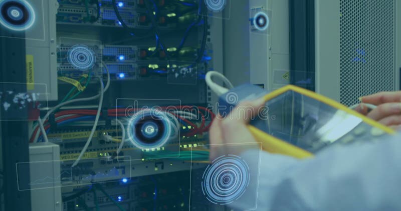 Multiple Round Scanners Against Mid Section of Man Working in Computer ... Multiple Round Scanners Against Mid Section of Man Working in Computer ...
