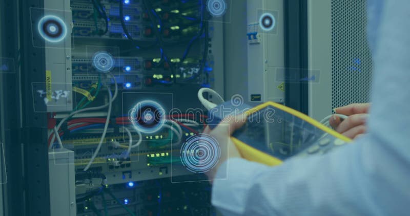Multiple Round Scanners Against Mid Section of Man Working in Computer ... Multiple Round Scanners Against Mid Section of Man Working in Computer ...