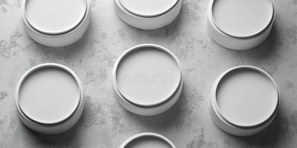 Multiple Round White Lids Arranged Symmetrically on a Textured Gray ...