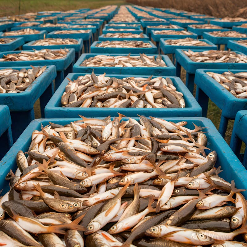 Multiple Rows of Blue Platforms with Small Fish, Drying in the Open ...