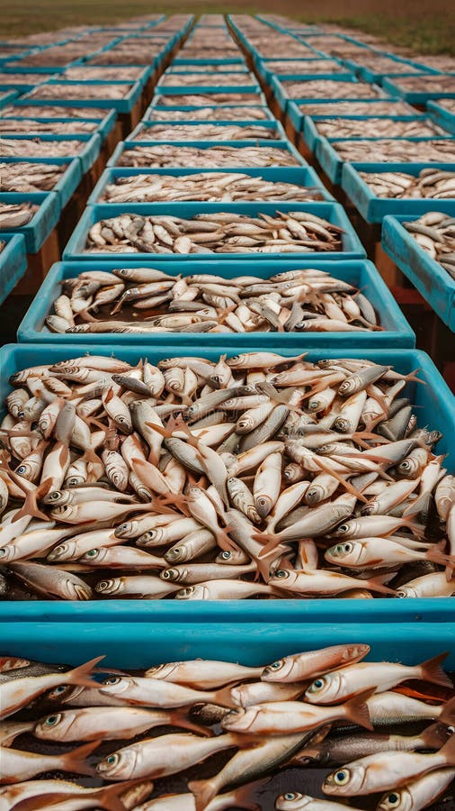 Multiple Rows of Blue Platforms with Small Fish, Drying in the Open ...