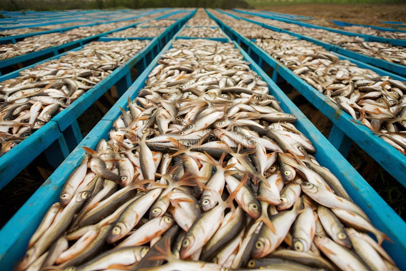 Multiple Rows of Blue Platforms with Small Fish, Drying in the Open ...