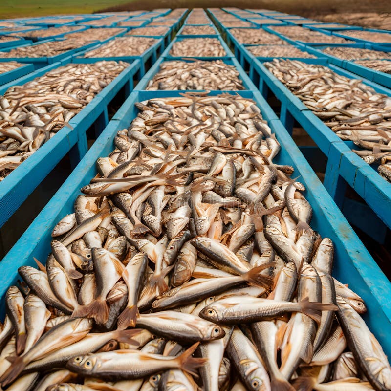 Multiple Rows of Blue Platforms with Small Fish, Drying in the Open ...