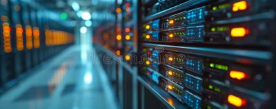 Multiple Rows of Server Racks in a Busy Data Center, Showing ...