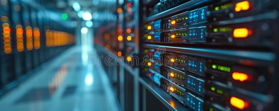 Multiple Rows of Server Racks in a Busy Data Center, Showing ...