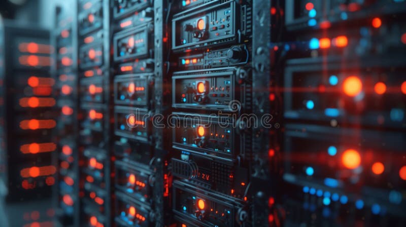 Multiple Rows of Servers Emitting Red and Blue Lights in a Data Center ...