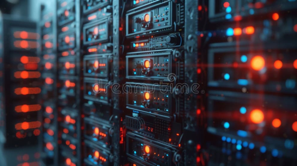 Multiple Rows of Servers Emitting Red and Blue Lights in a Data Center ...