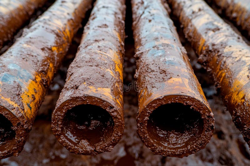 Rusty Pipes Lie in Mud at an Oil Drilling Site during a Cloudy Day ...