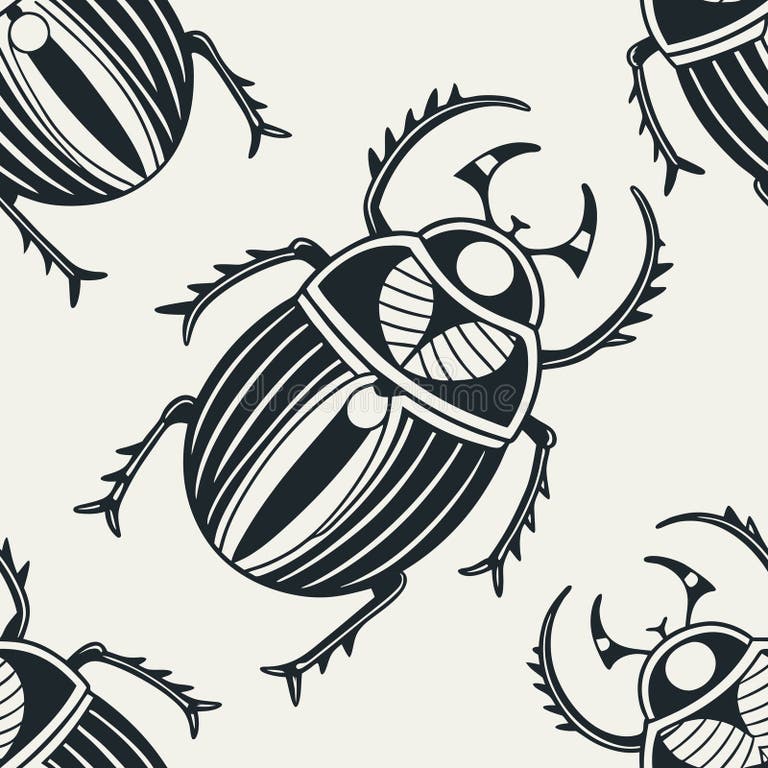 Intricate Black and White Illustration of Scarab Beetles on a Light ...