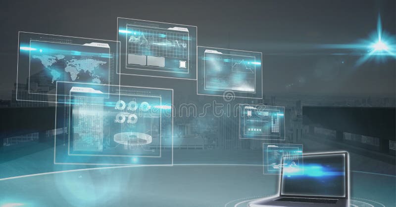 Multiple Screens with Data Processing and Laptop Icon Against Aerial ...