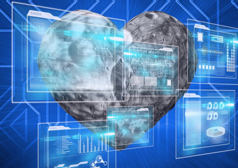 Multiple Screens with Data Processing Over Heart Shaped Rock Against ...