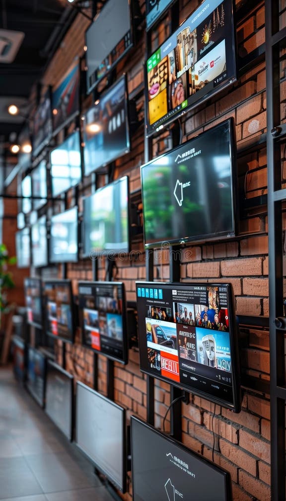 Multiple Screens and Digital Displays Mounted on Brick Wall, Showcasing ...