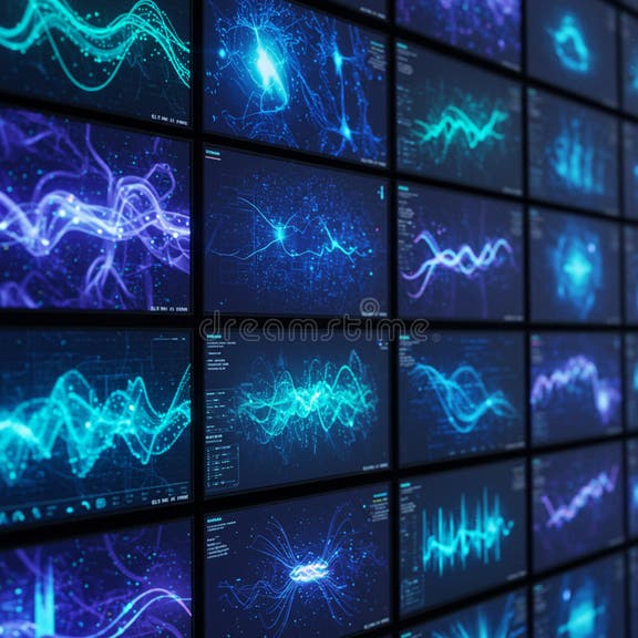 Multiple Screens Display Abstract Digital Waveforms and Data ...