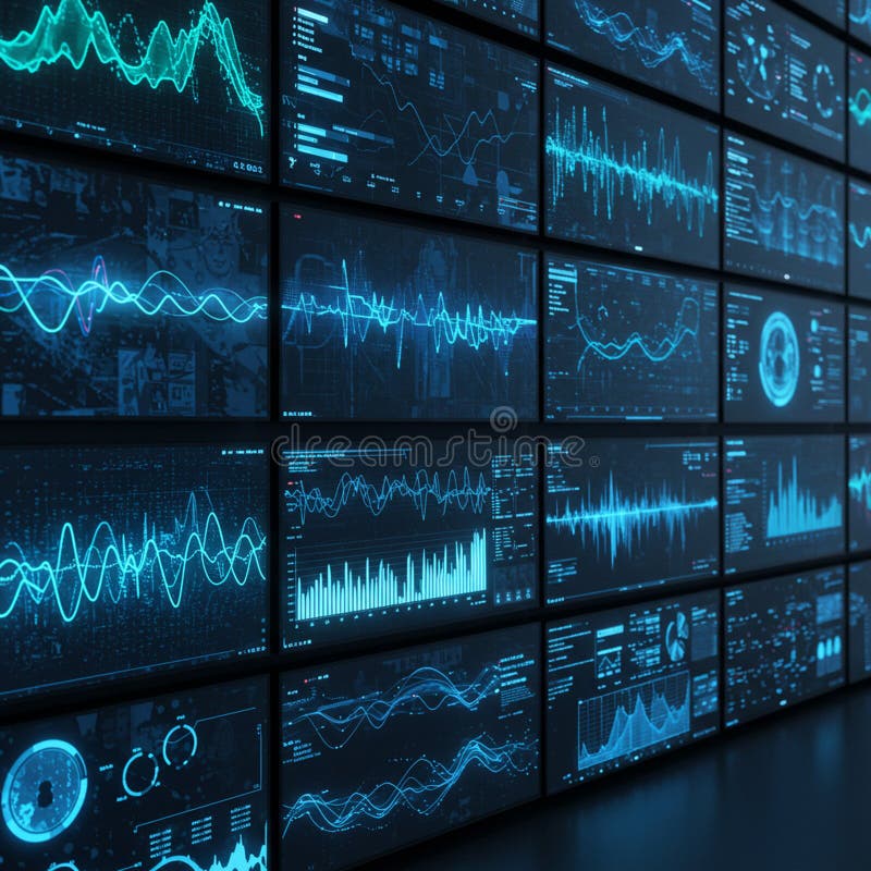 Multiple Screens Display Digital Data Visualizations and Graphs with ...