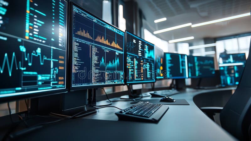Multiple Screens Displaying Financial Charts and Coding in a Tech ...