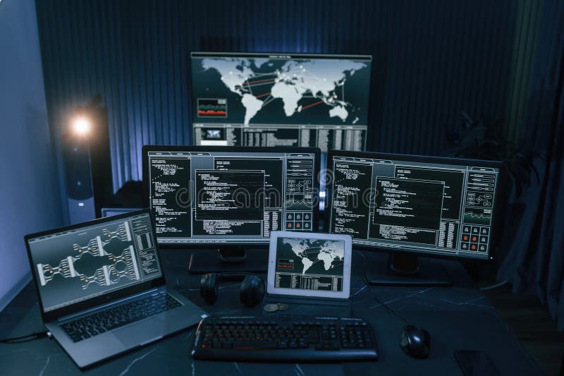 Multiple Screens with Information. Cyber Criminal Haker Dark Room for ...