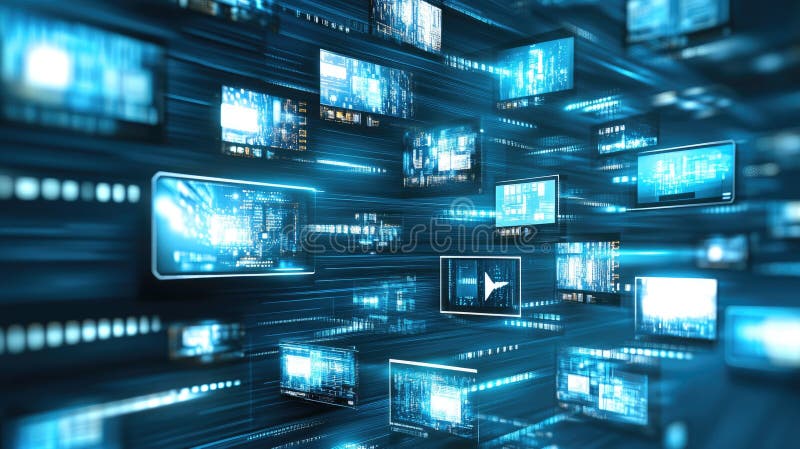 Multiple Screens Showcase a Variety of Digital Media Content Against a ...