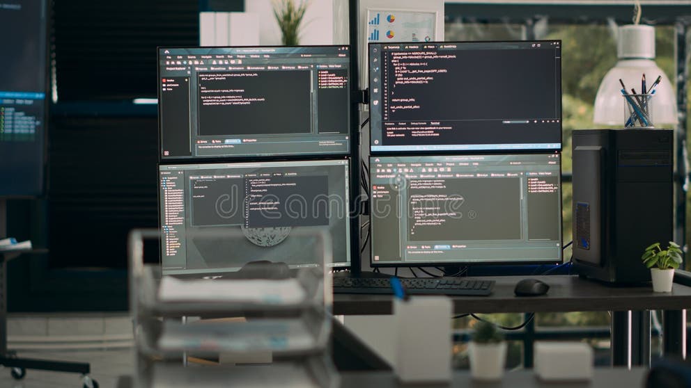 Multiple Screens Showing Programming Code in Empty Software it Agency Desk Stock Photo - Image ...