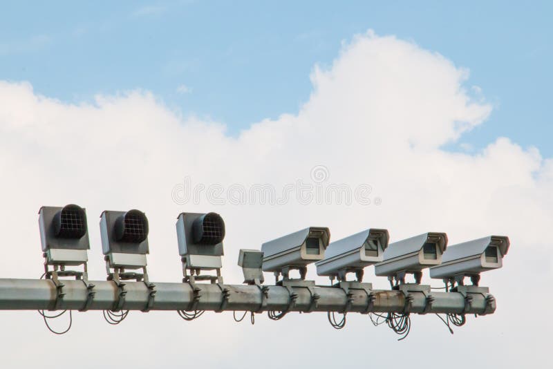 Multiple Security Cameras on Pole and Blue Sky Stock Image - Image of ...