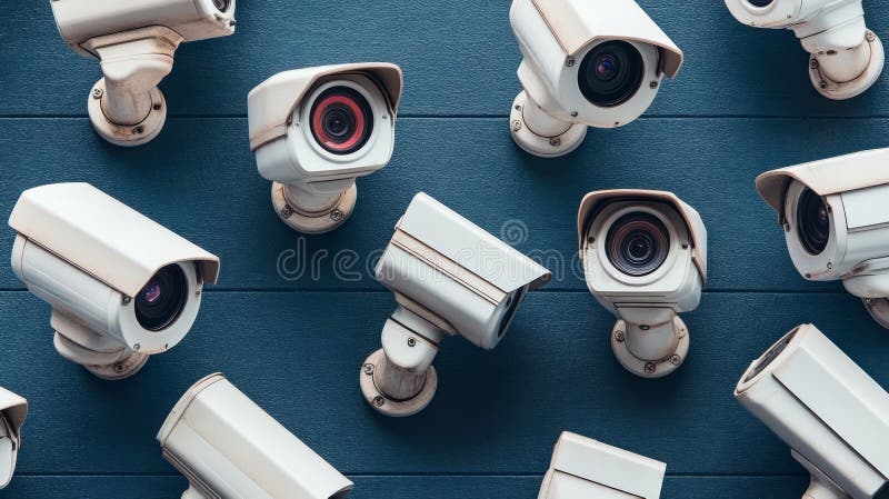 Multiple Security Cameras are Mounted on a Blue Wall, Highlighting ...